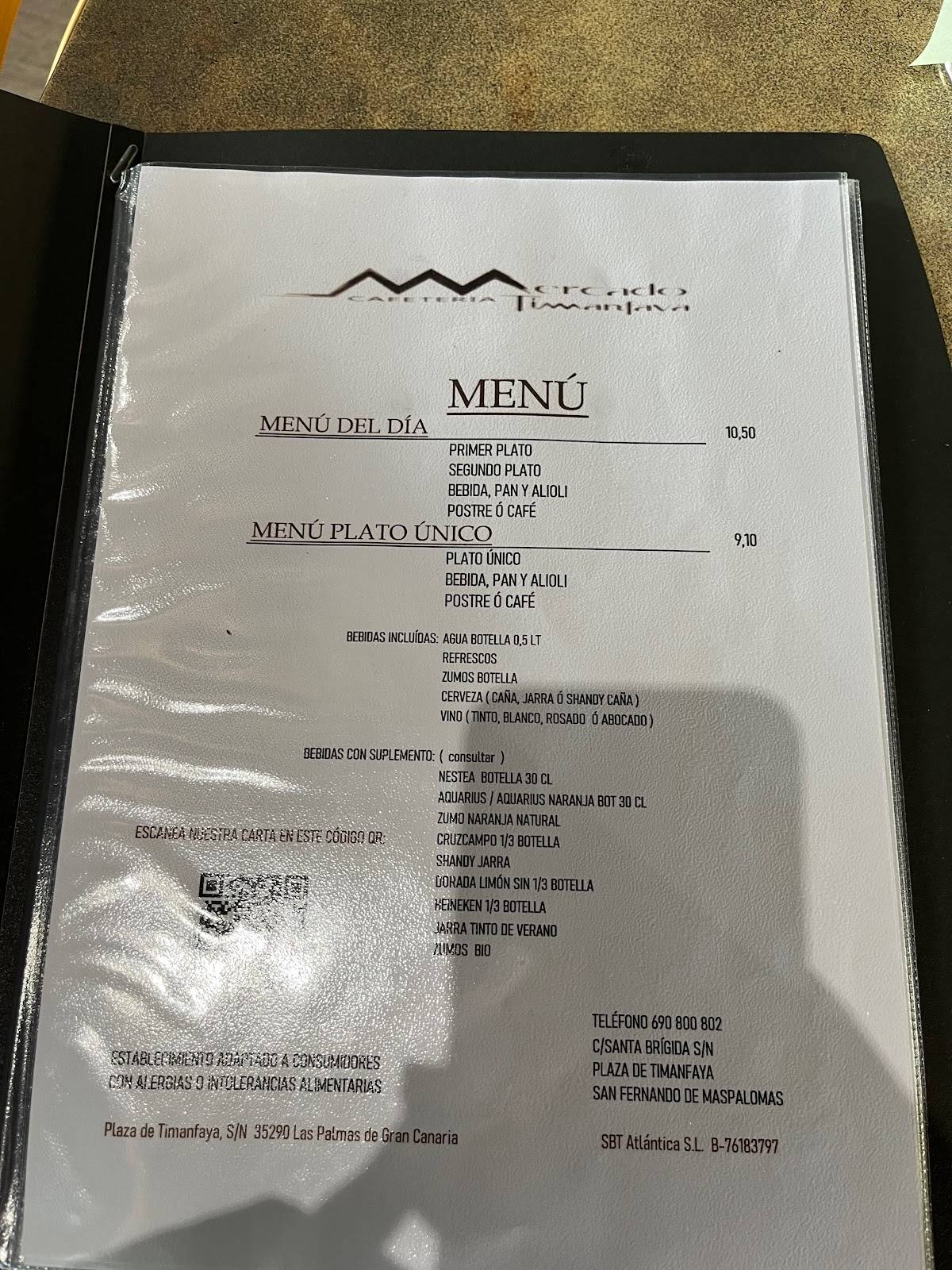 Carta de Cafetería Timanfaya, Maspalomas