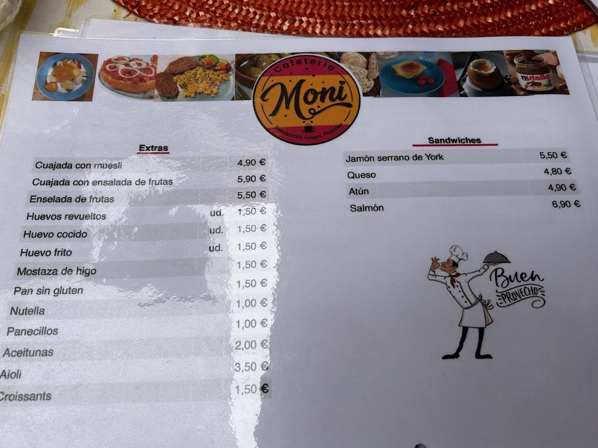 Menu at Cafeteria Moni, Porto Cristo