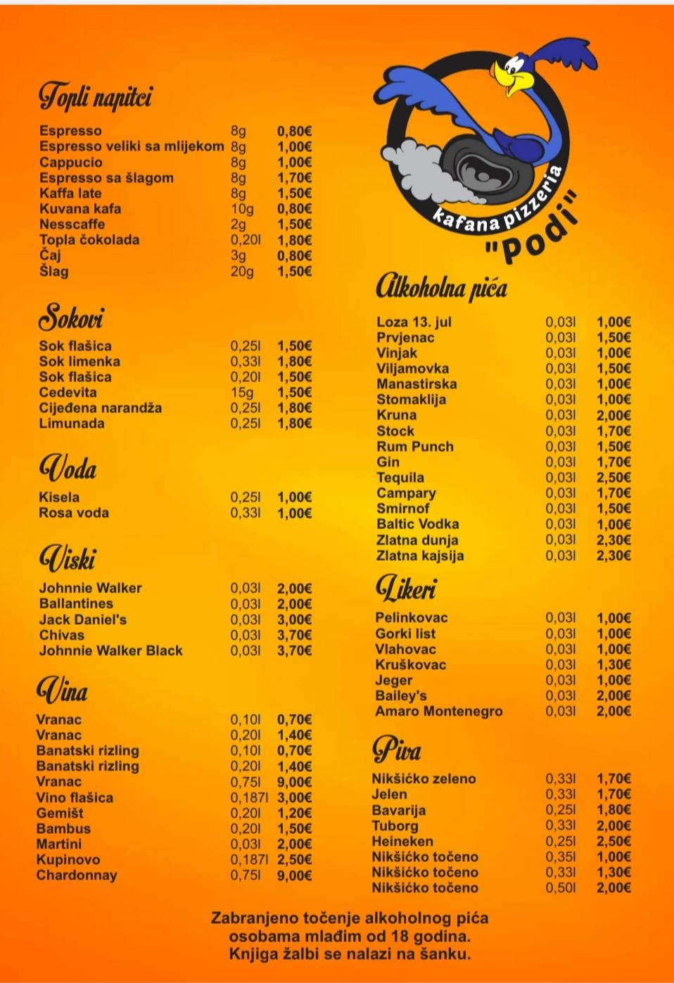 Menu at Caffe Bar Podi, Herceg Novi, 46 Pođanski put