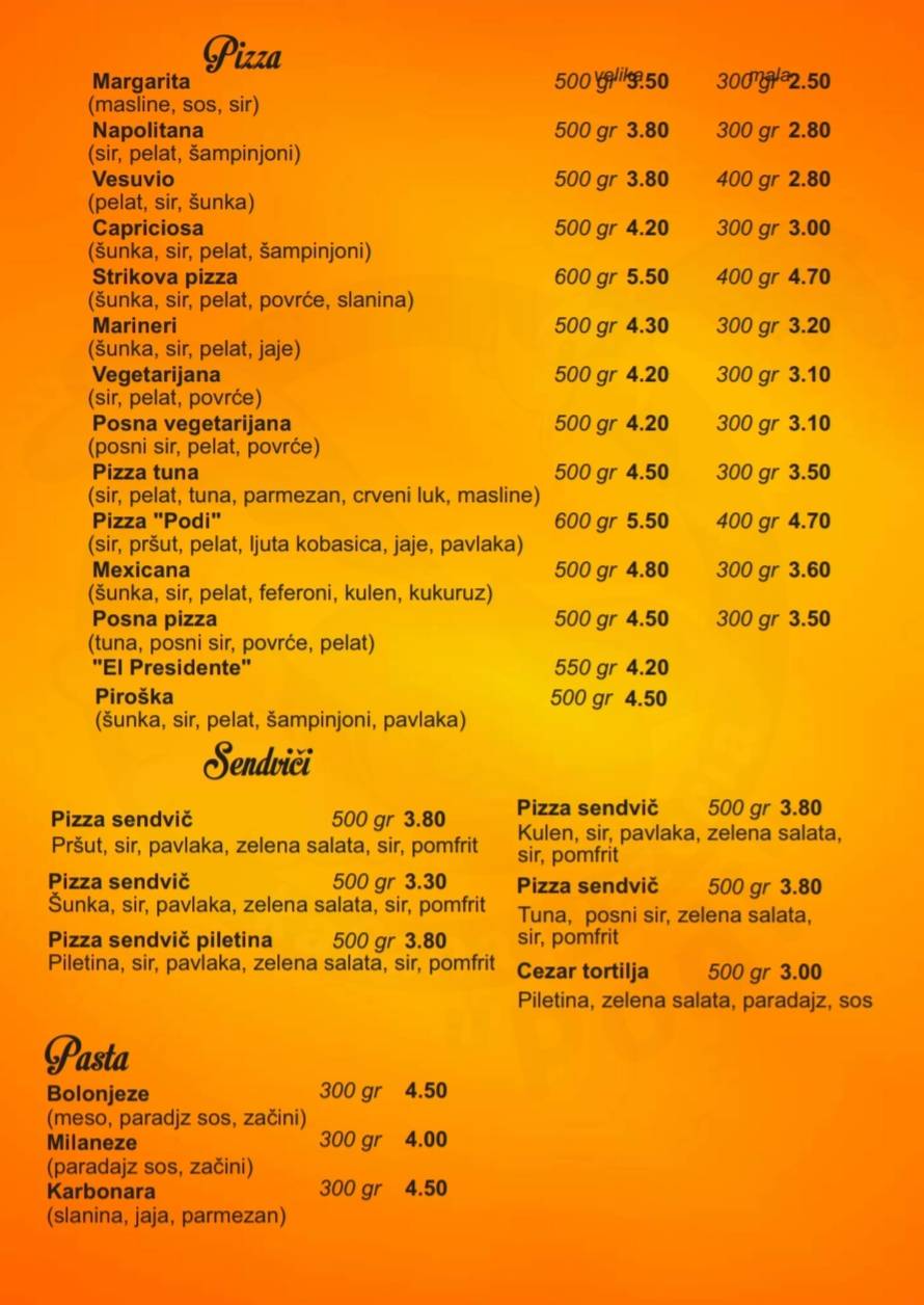 Menu at Caffe Bar Podi, Herceg Novi, 46 Pođanski put