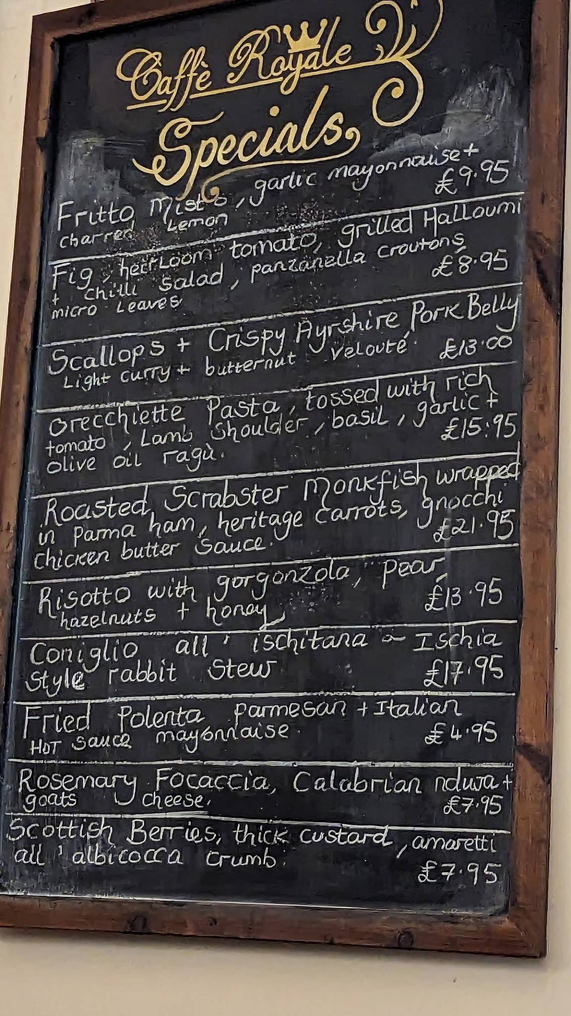 Menu at Caffé Royale restaurant, Paisley