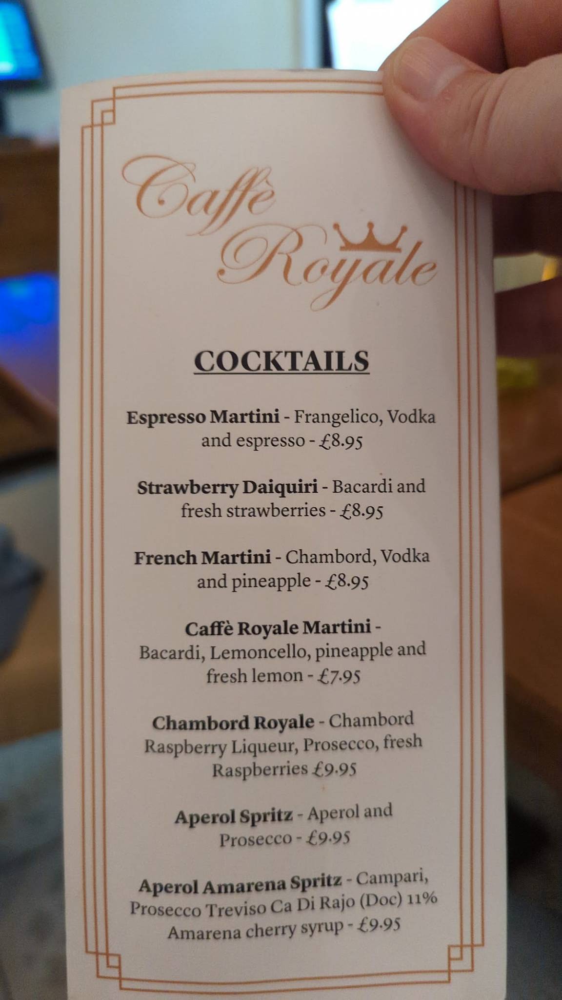 Menu at Caffé Royale restaurant, Paisley