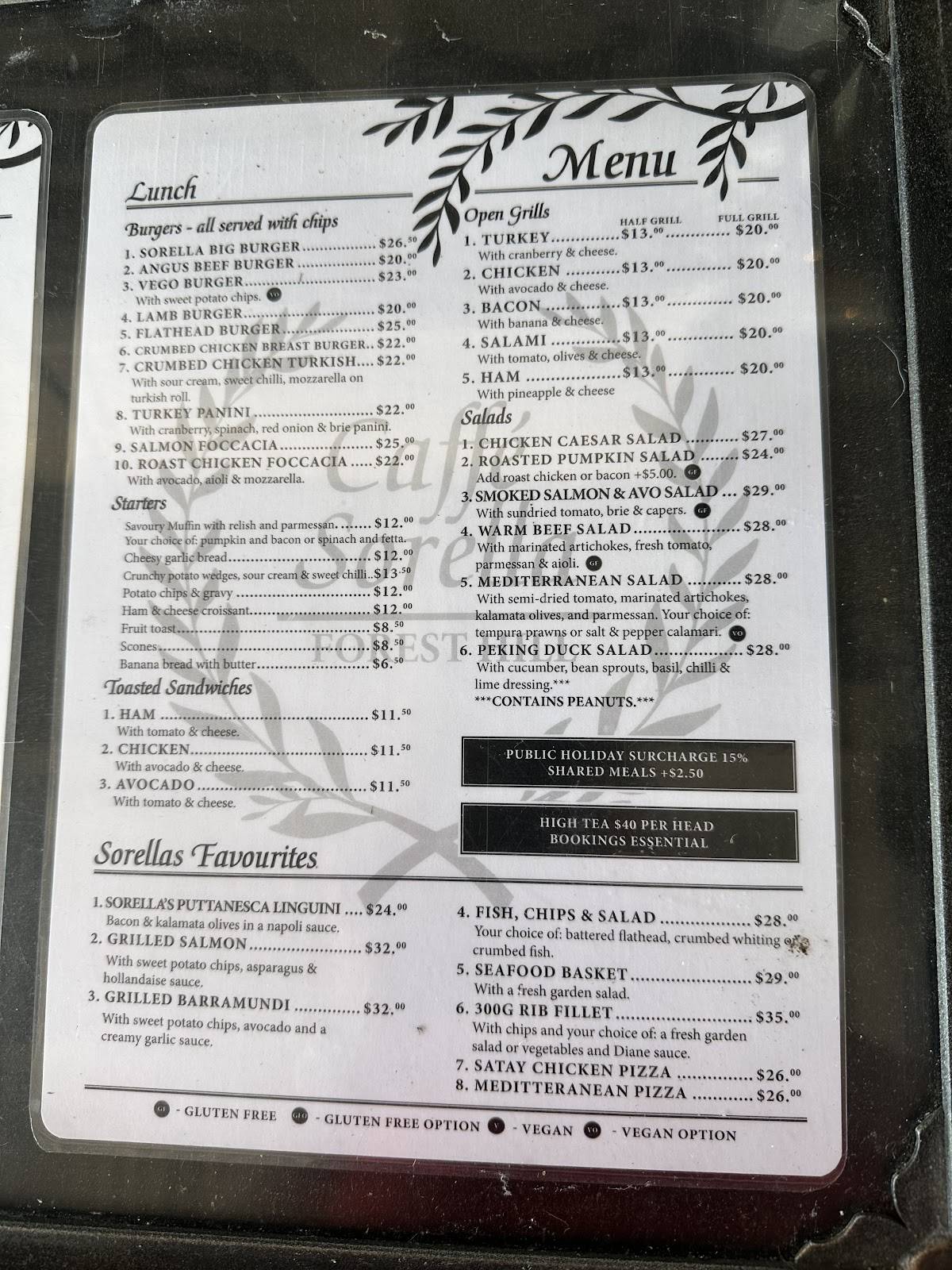 Menu at Caffe Sorella restaurant, Forest Hill