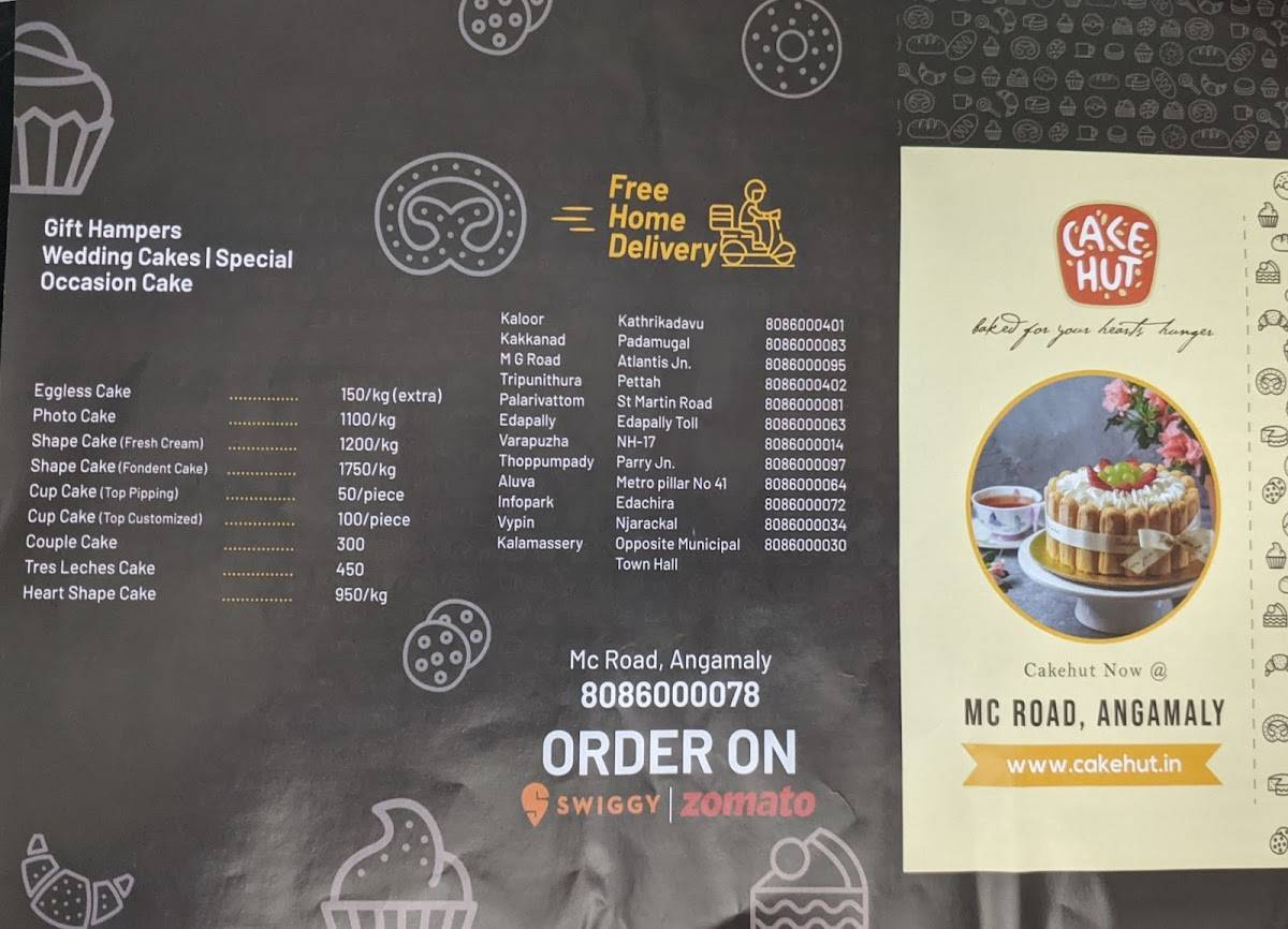 Menu at Cake Hut, Angamaly, SH 1