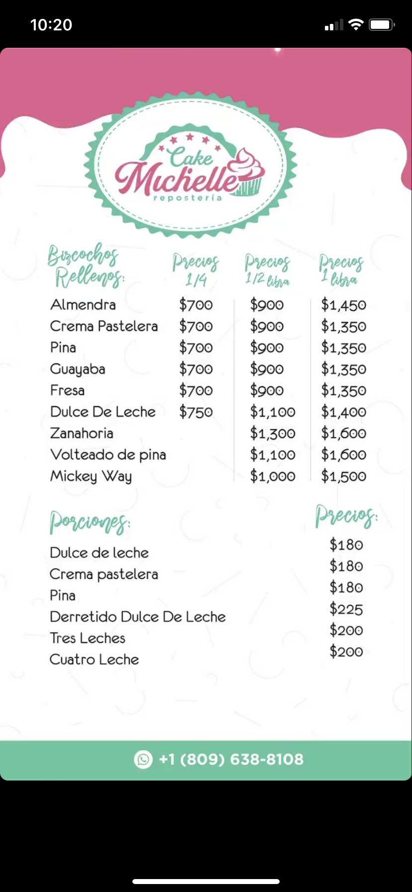 Menu at Cake Michelle Repostería restaurant, Santo Domingo