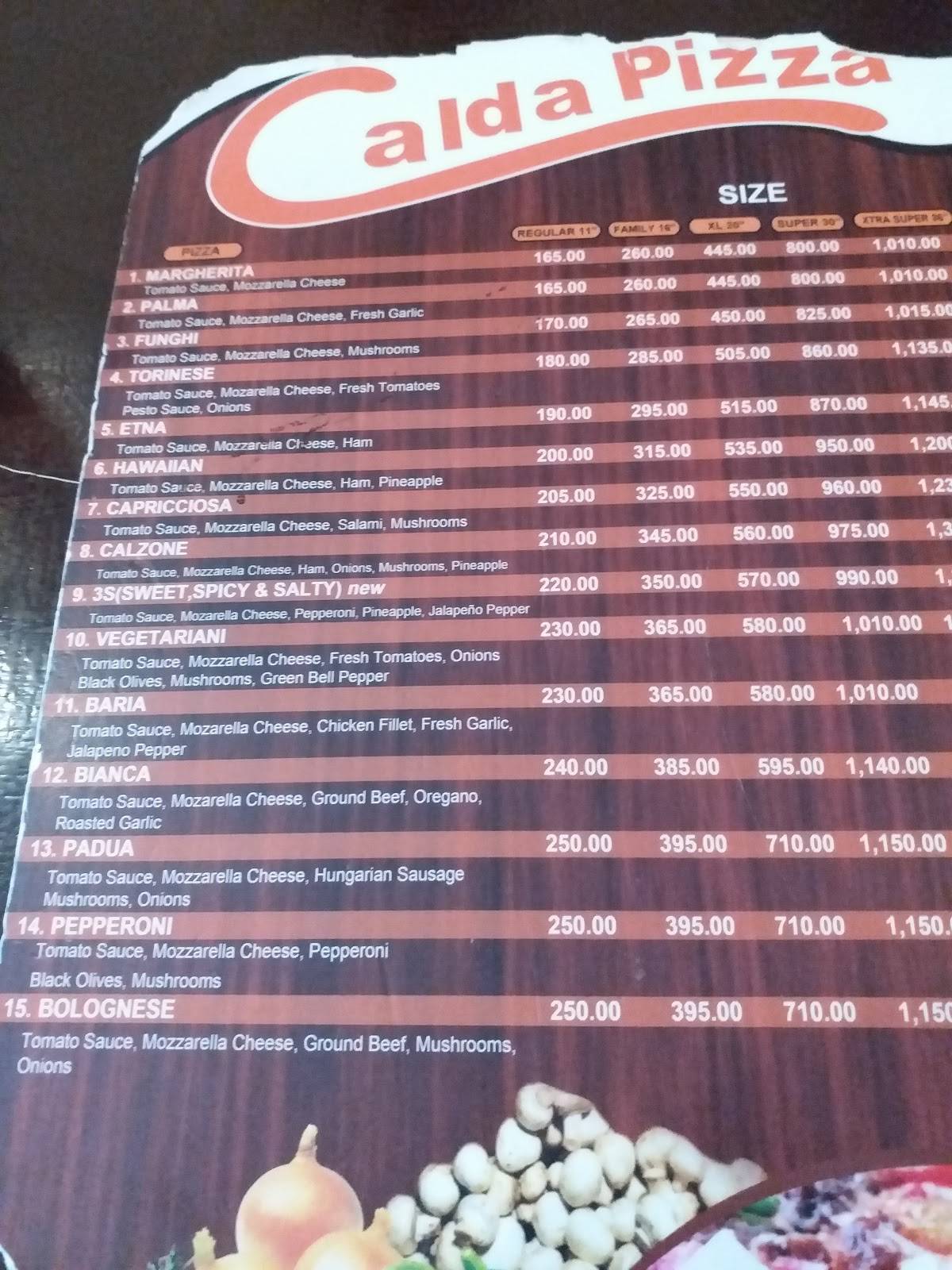 Carta del restaurante Calda Pizza, Kidapawan, X3XM+Q8F
