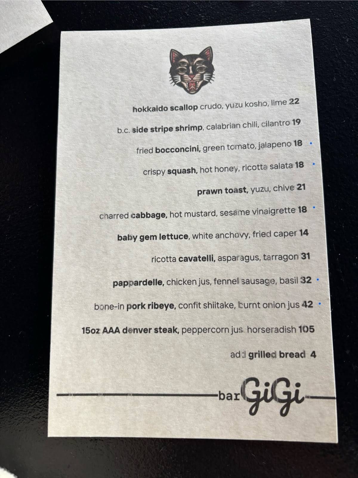 Menu at Bar Gigi, Calgary