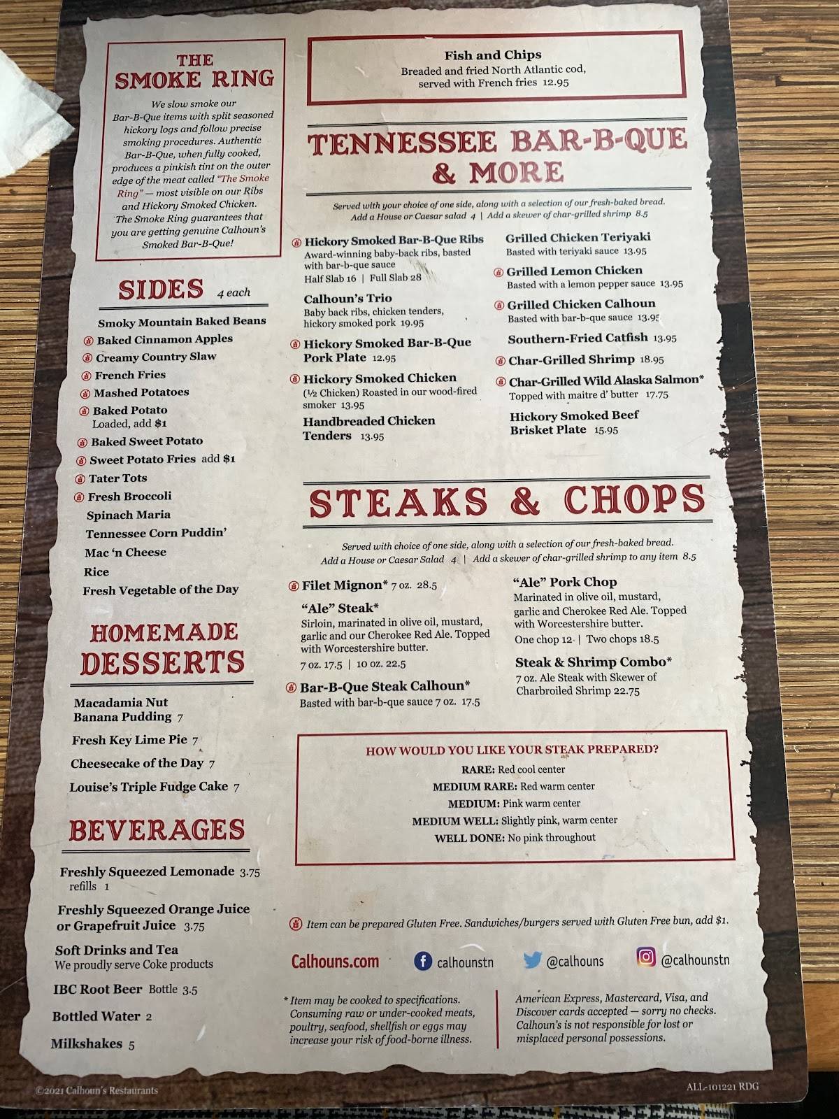 Menu at Calhoun's On The River pub & bar, Knoxville, 400 Neyland Dr