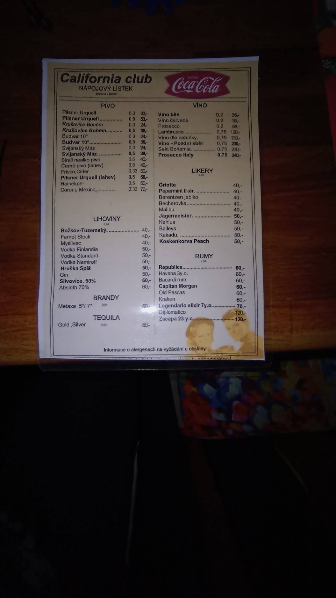 Menu at California Club, Karlovy Vary, Tyršova 1753/2