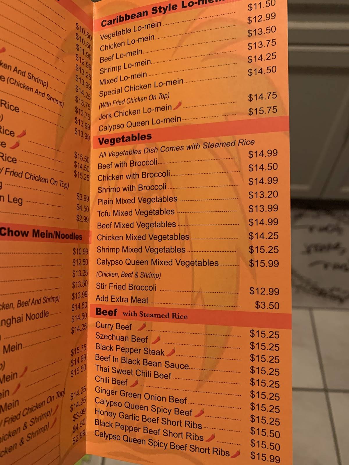 Menu at Calypso Queen Caribbean Chinese Cuisine restaurant, Whitby