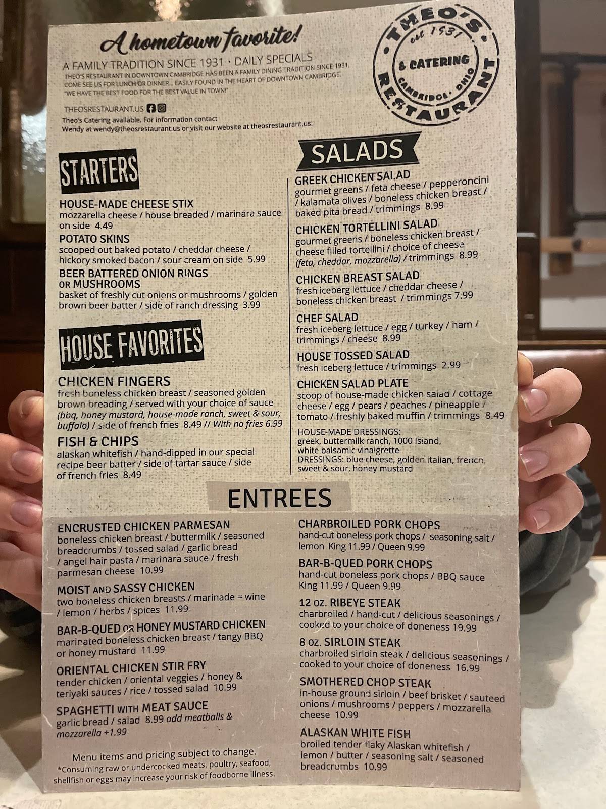 Menu at Theo's Restaurant, Cambridge
