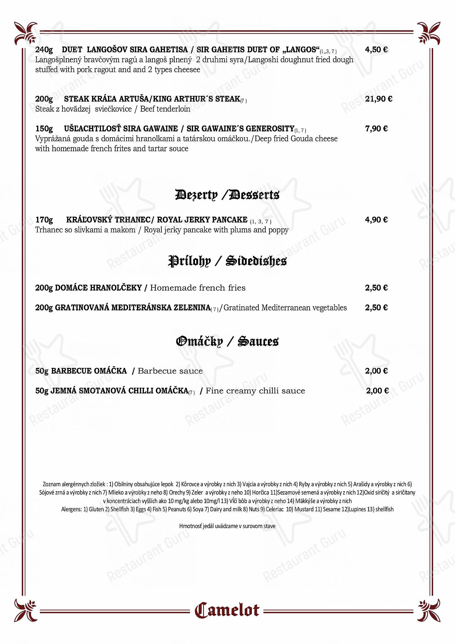 Меню Camelot - Pilsner pub & Medieval restaurant, Кошице