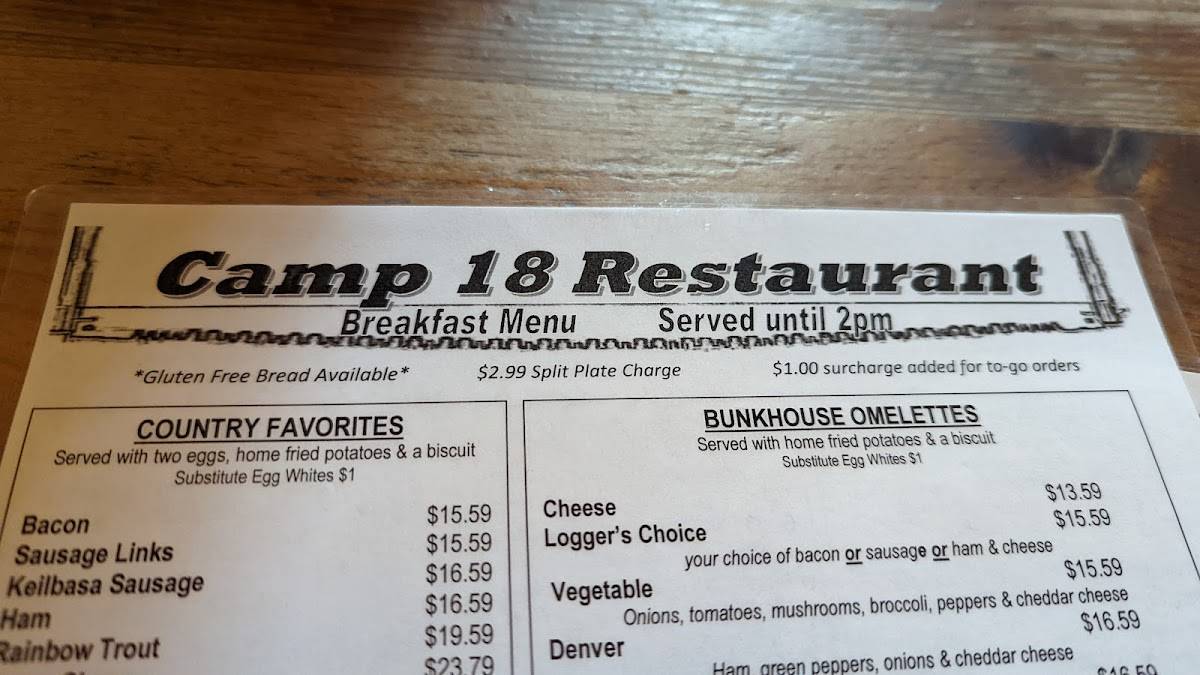 Menu at Camp 18 restaurant, USA
