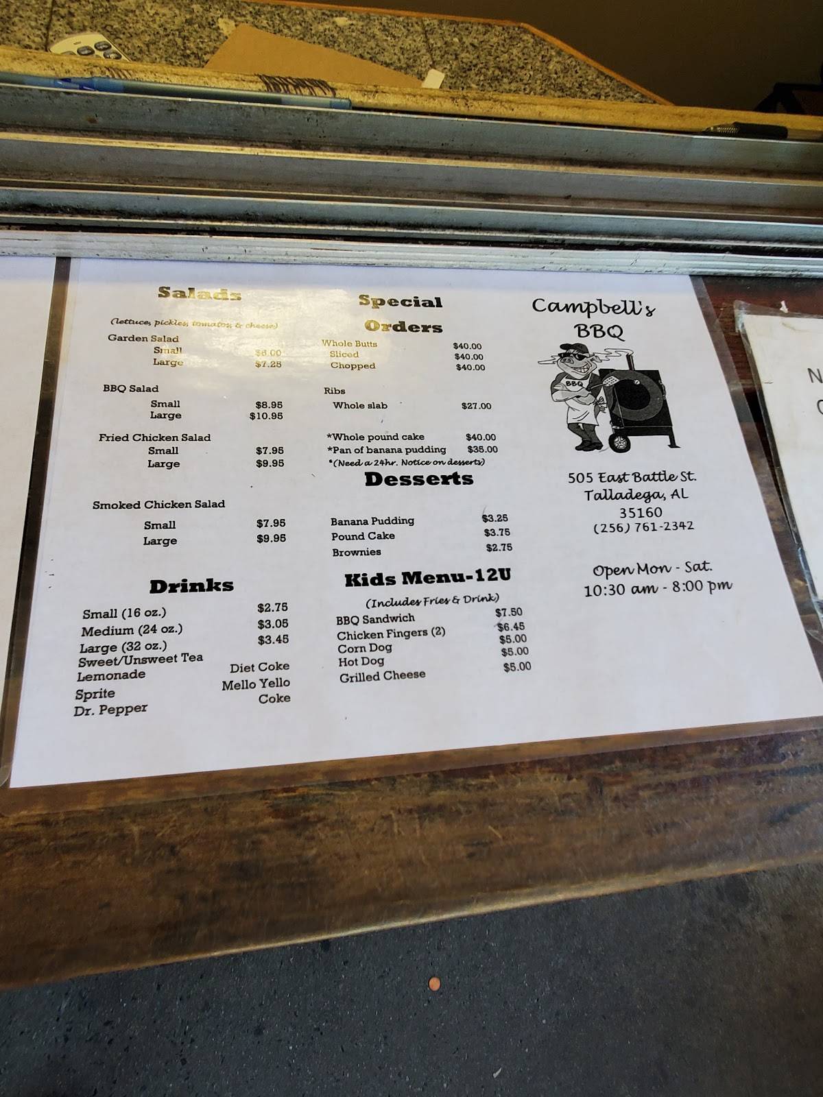 Menu at Campbells BBQ, Talladega