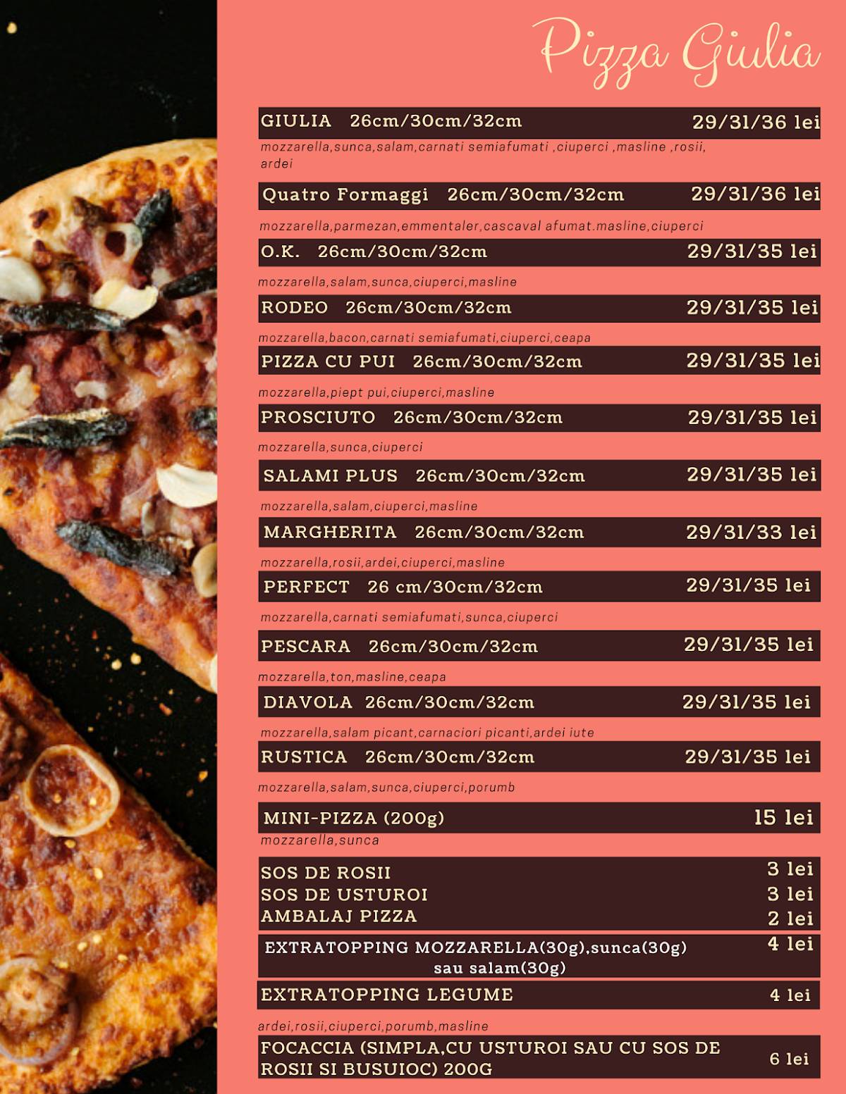 Menu at Pizzeria Giulia, Câmpina
