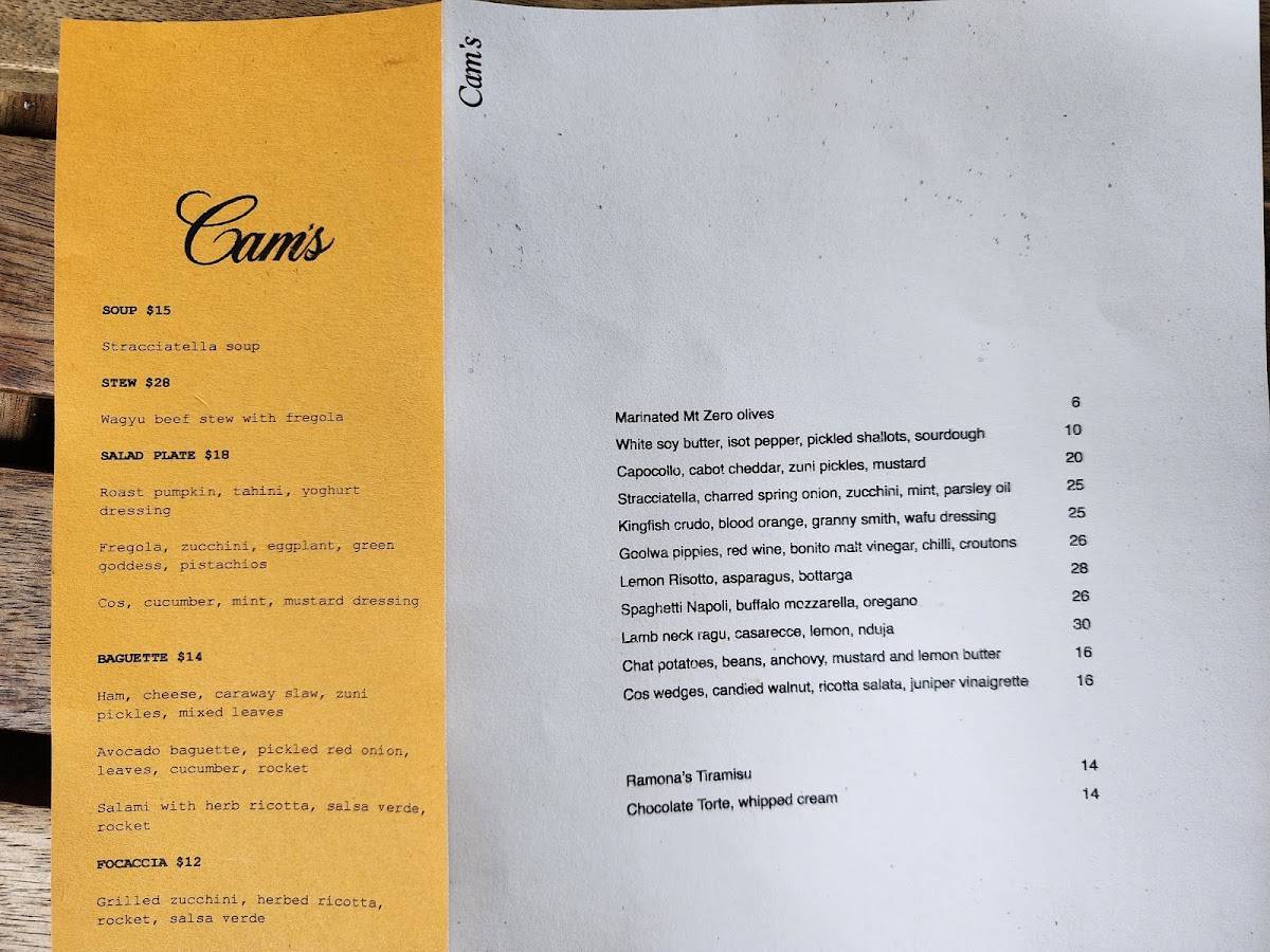 Menu at Cam’s Kiosk (Cafe & Bar), Abbotsford