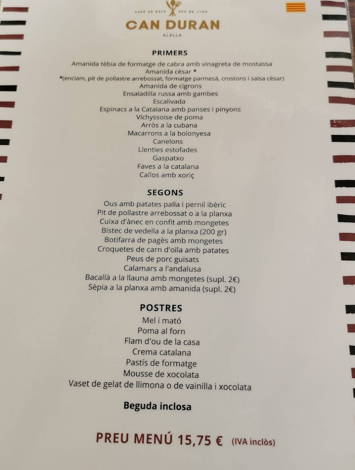 Carta del restaurante Can Durán, Alella