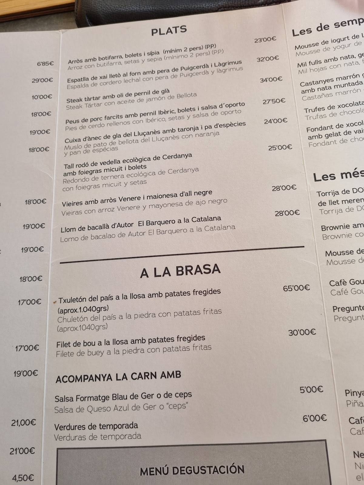 Carta de Restaurant Can Ventura, Llívia