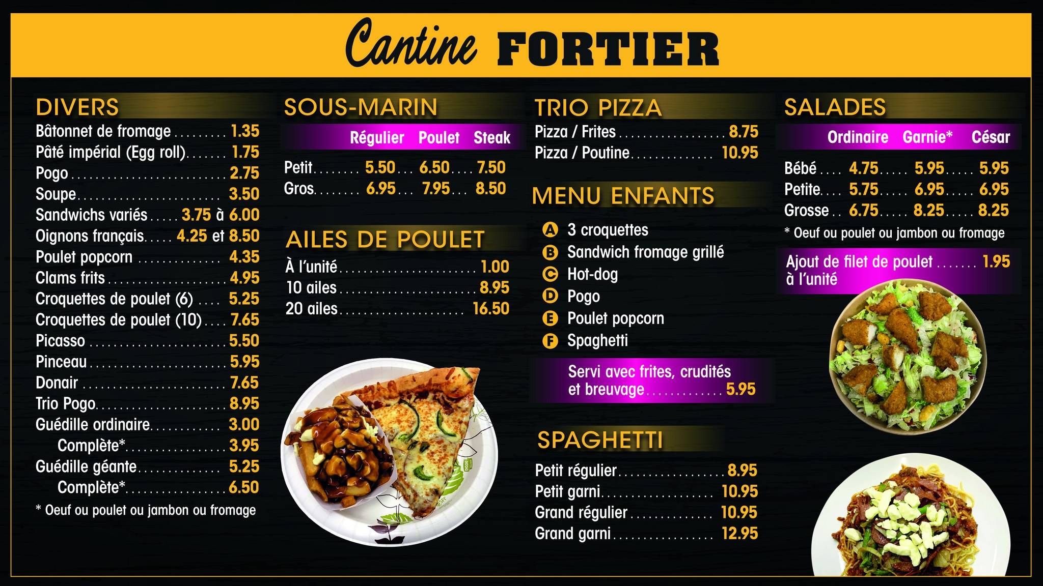 Menu au Cantine Fortier restaurant, Amqui