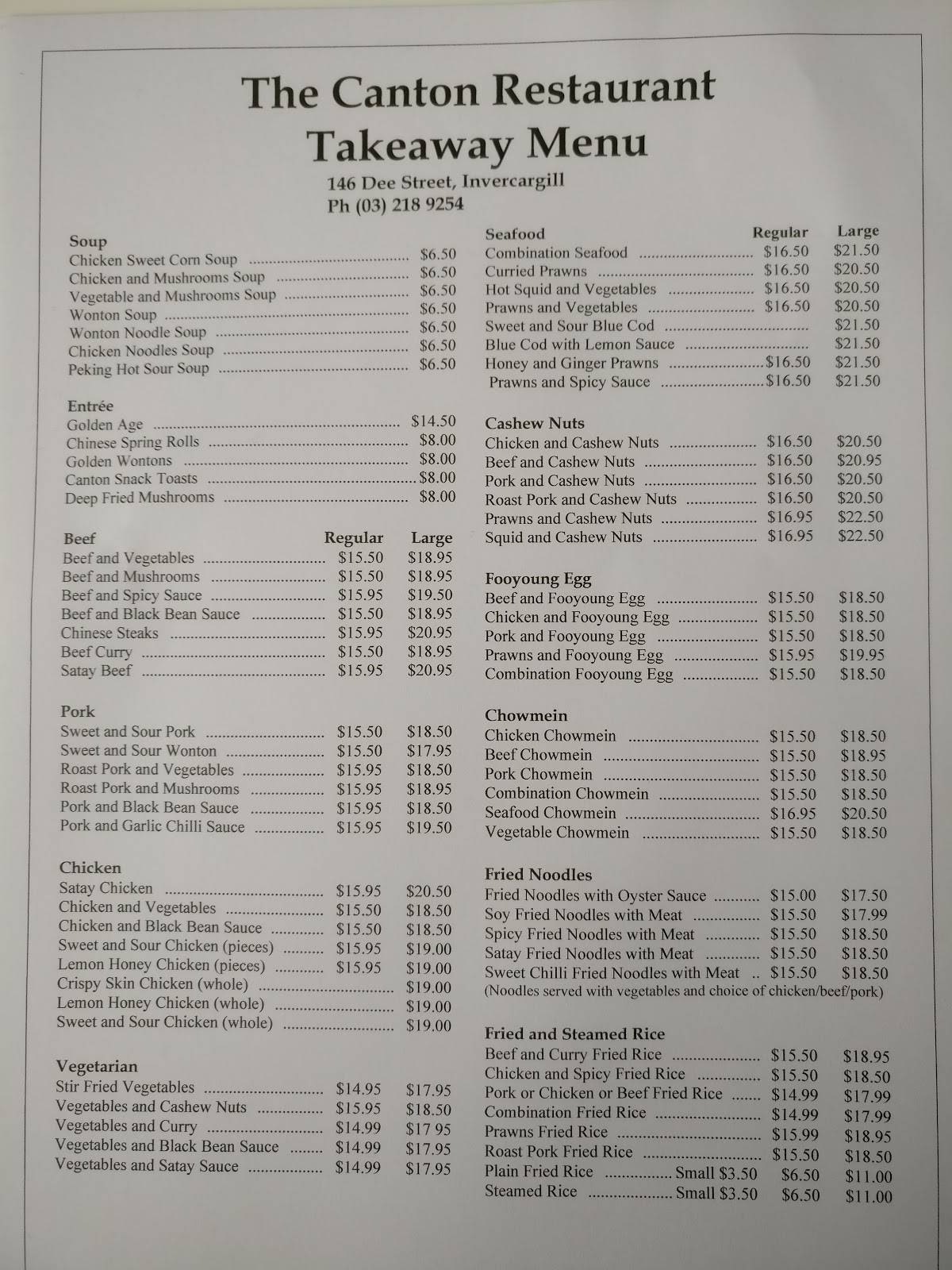 Menu at Canton Restaurant, Invercargill