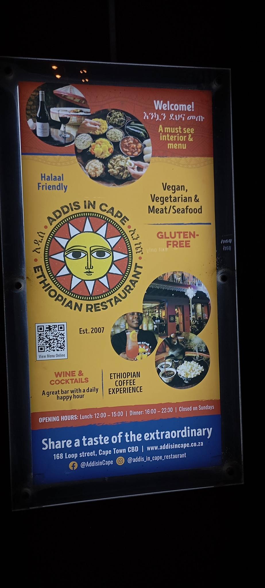 Menu at Addis in Cape Ethiopian Restaurant, Cape Town