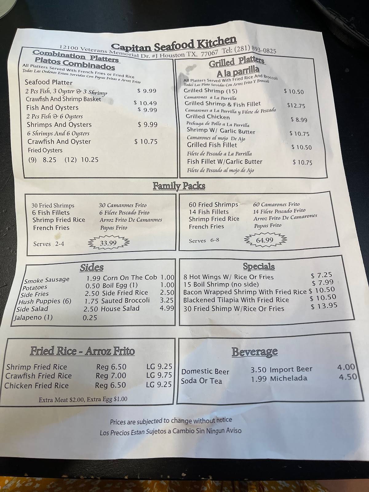 Menu at Capitan Seafood Kitchen restaurant, Houston, Veterans Memorial ...