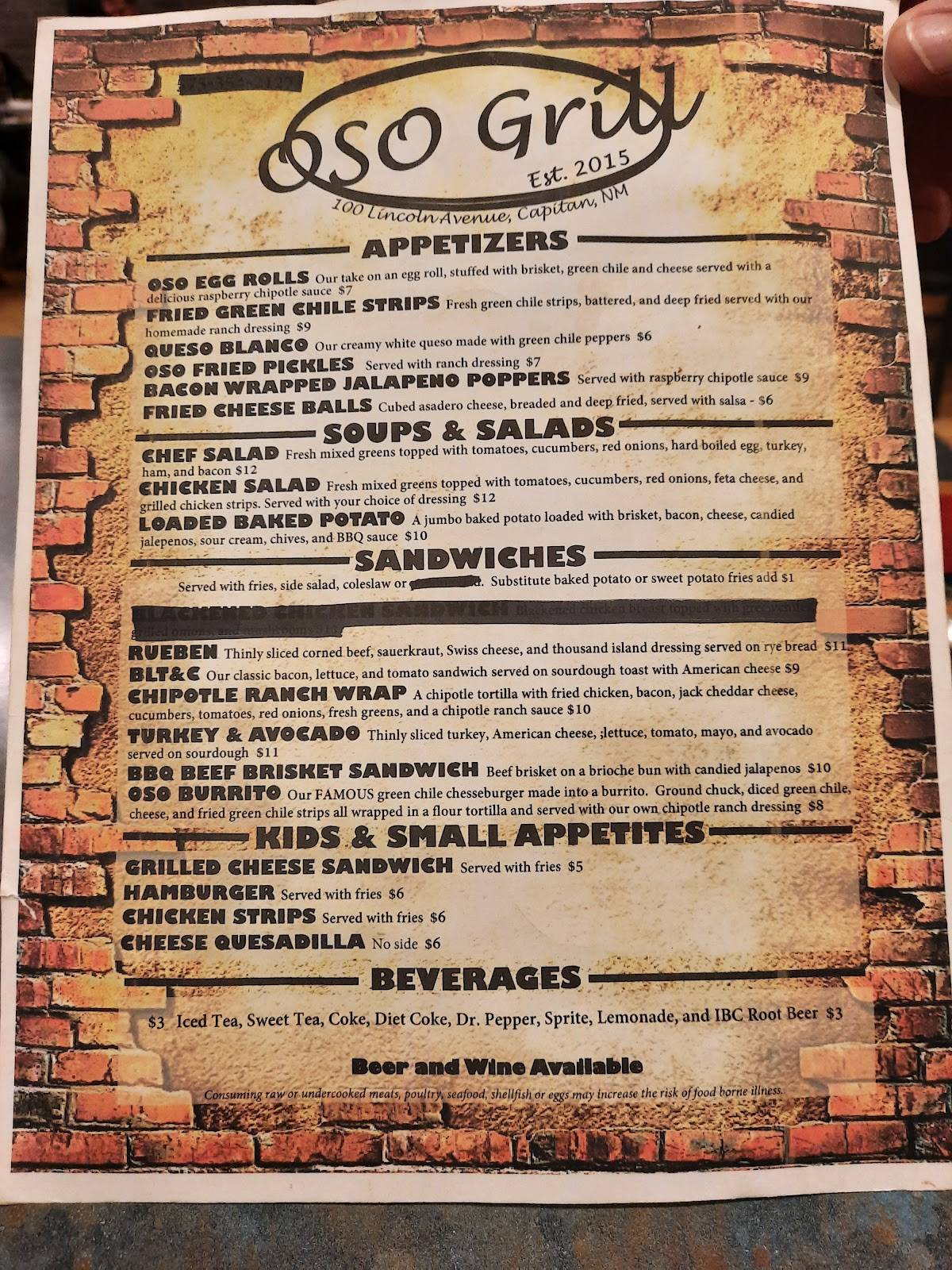 Menu at oso grill pub & bar, Capitan