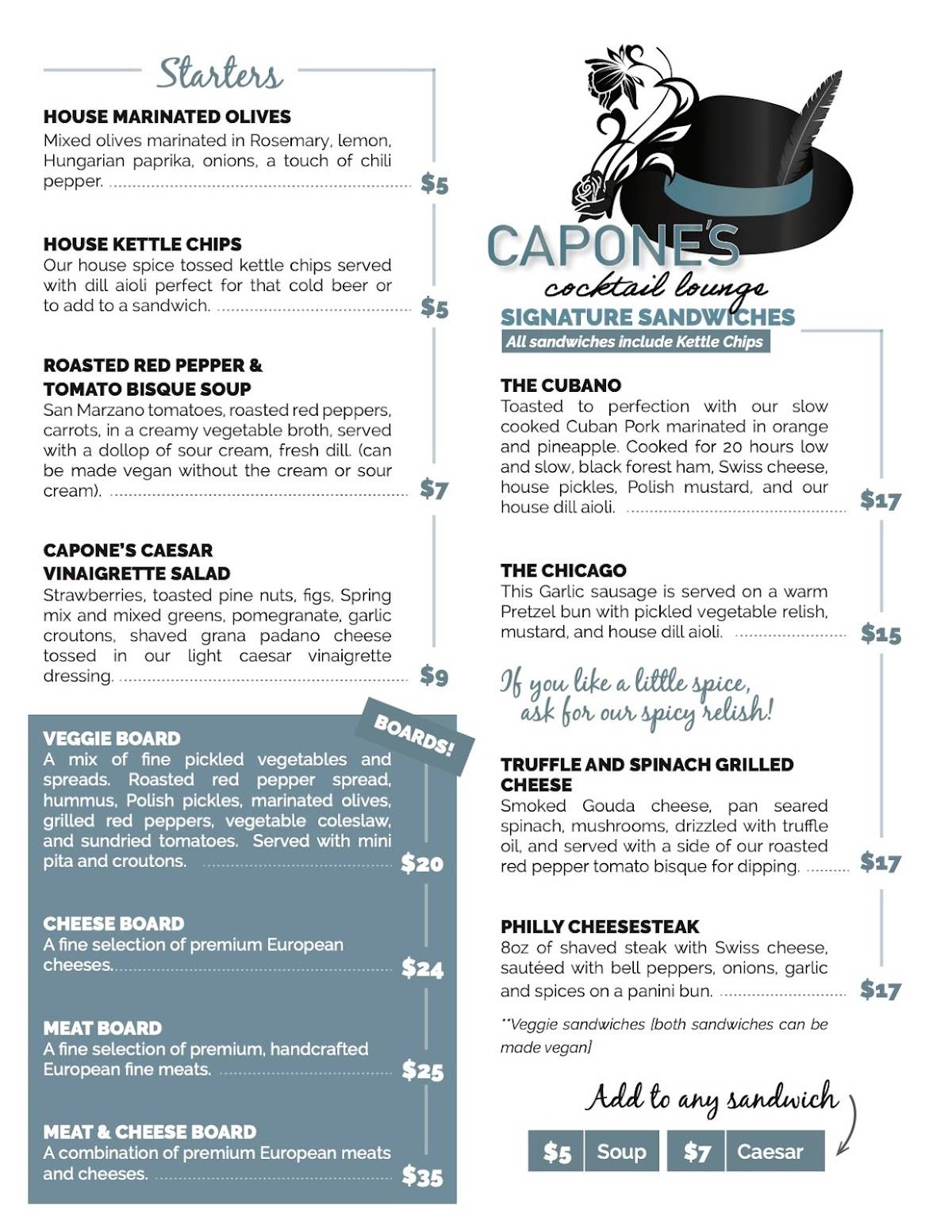Menu at Capone's Cocktail Lounge pub & bar, Toronto