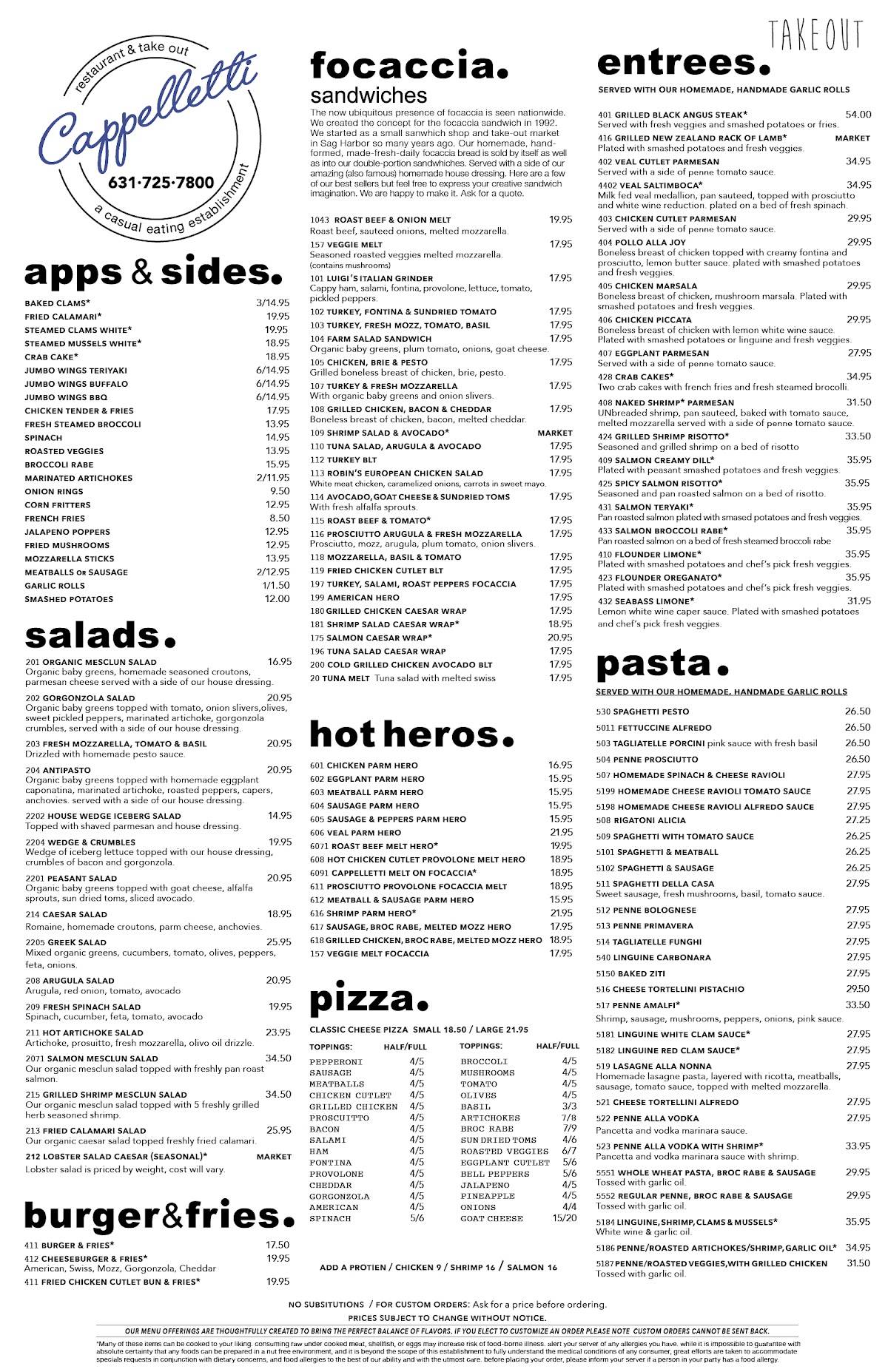 Menu at Cappelletti Restaurant & Take Out, Sag Harbor