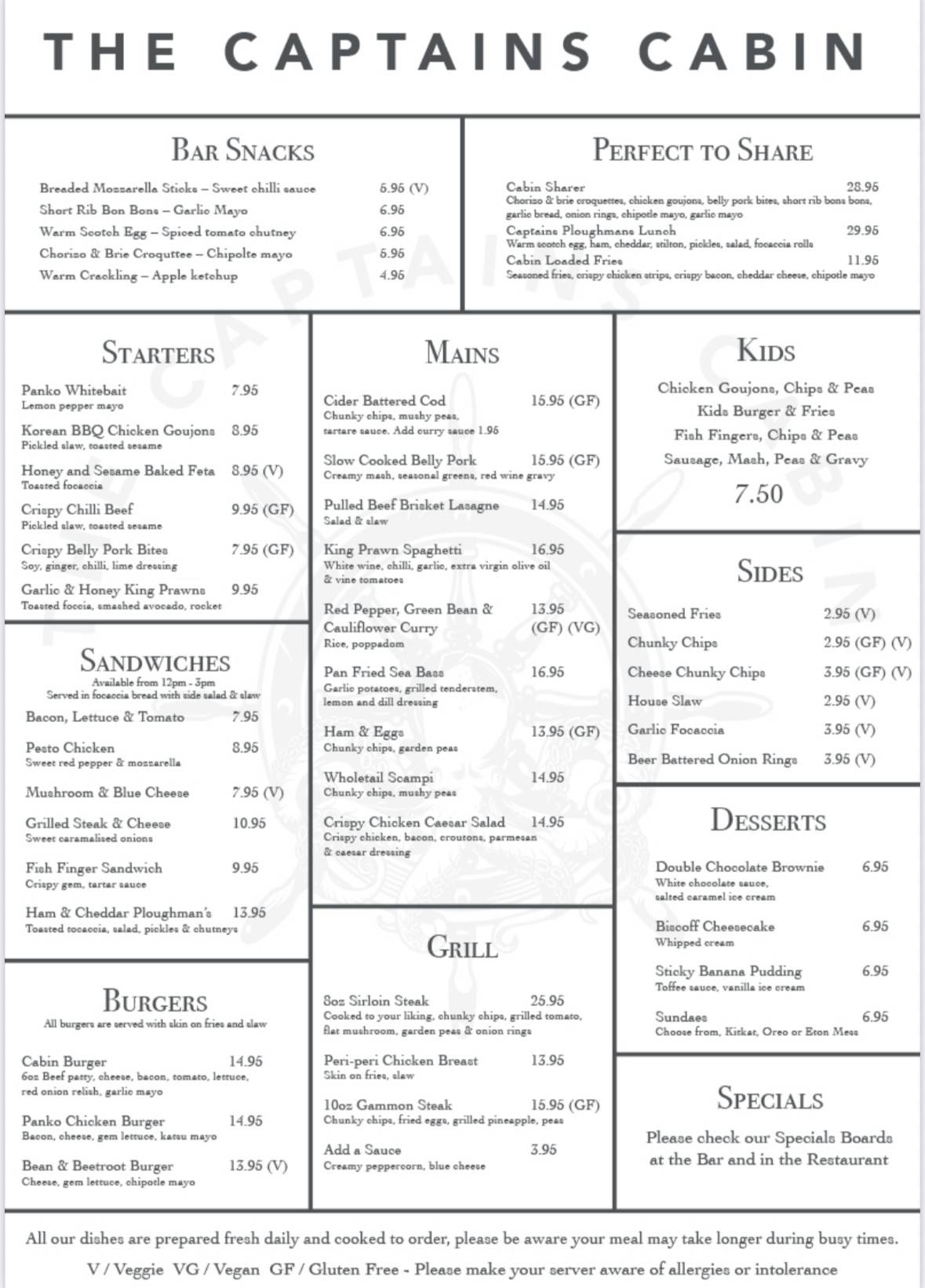 Menu at Captains Cabin Bar & Restaurant, Weston-super-Mare