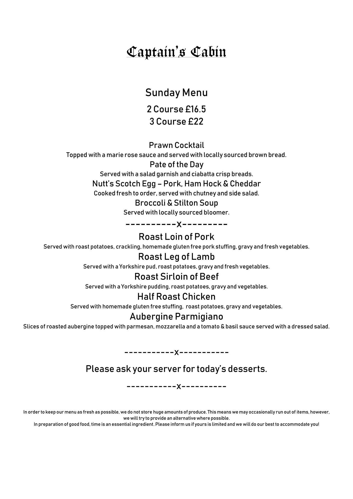 Menu at Captains Cabin Bar & Restaurant, Weston-super-Mare