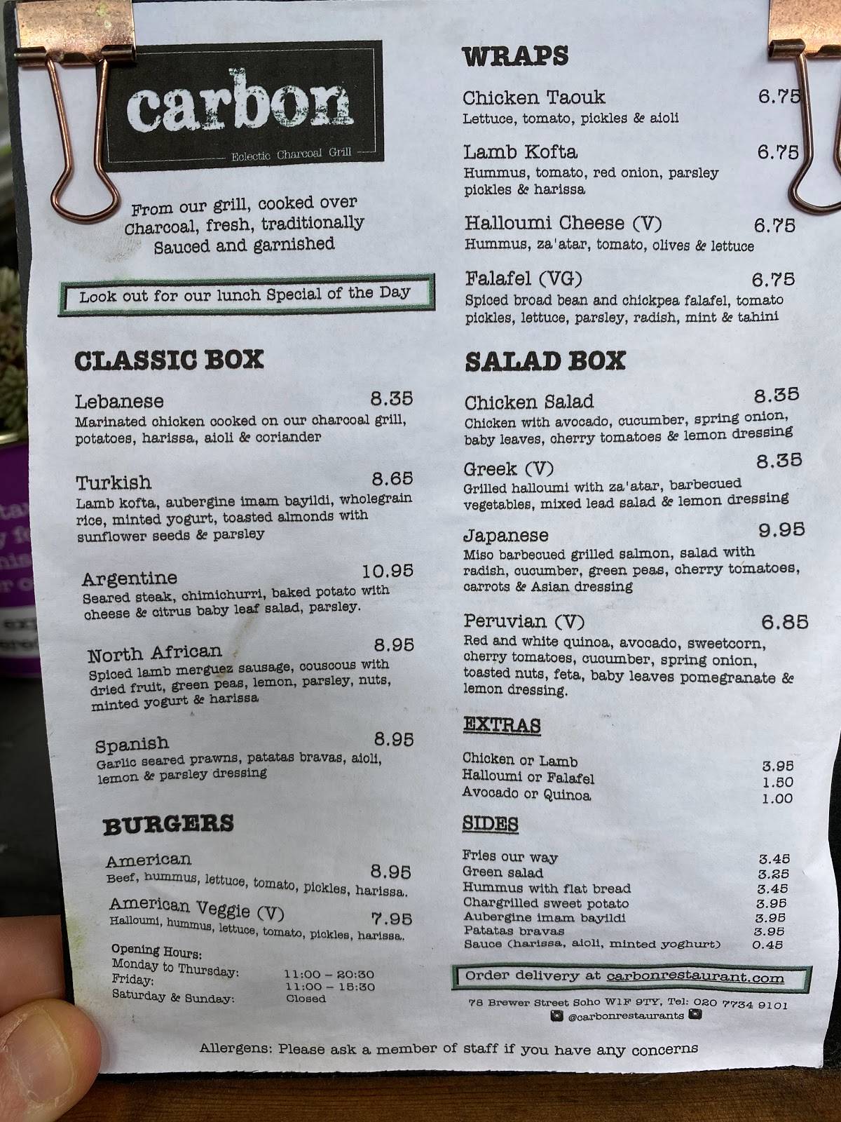 Menu at Carbon Soho BBQ, London, 78 Brewer St