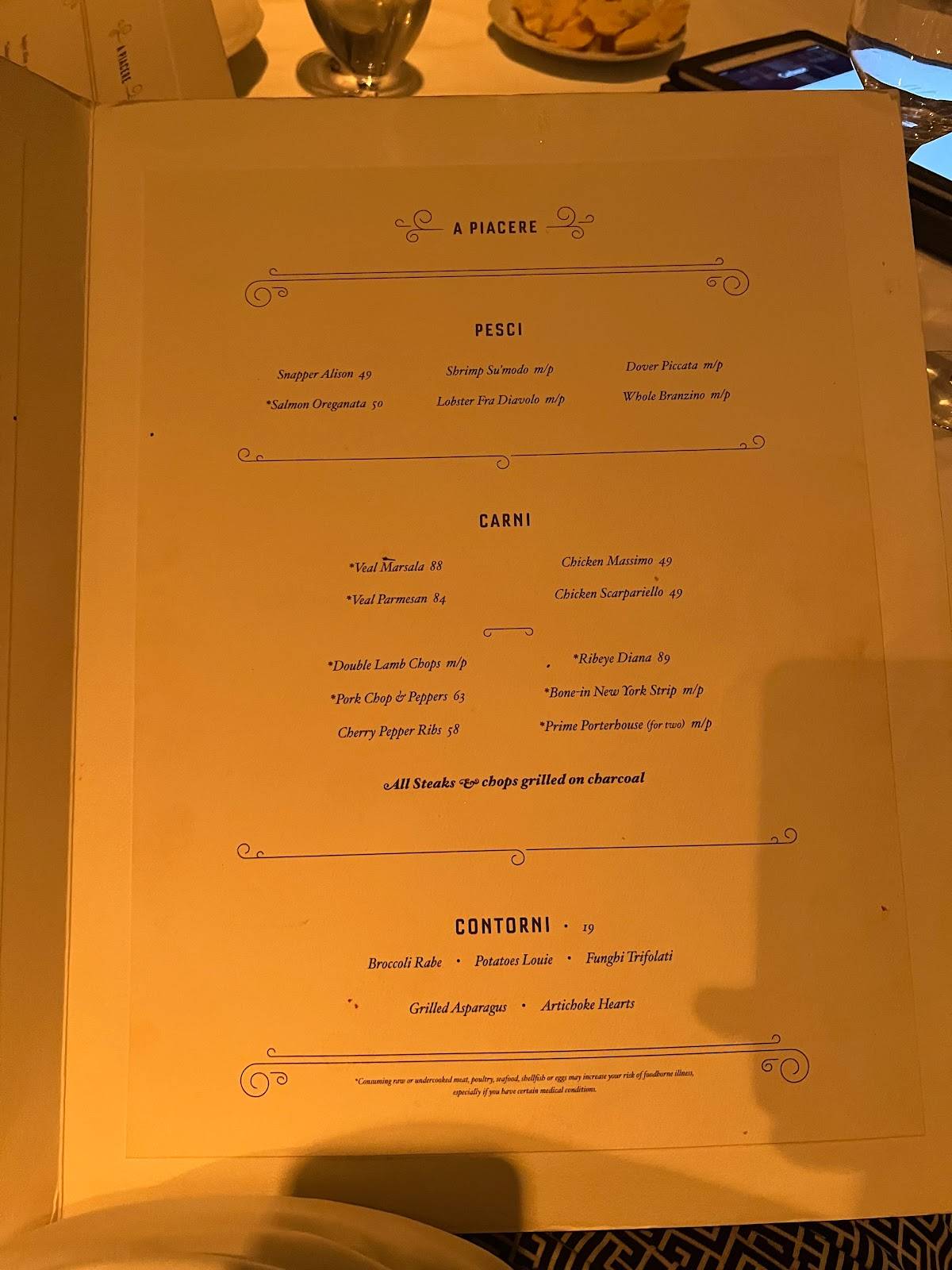 Menu at Carbone restaurant, Las Vegas, 3730 Las Vegas Fwy