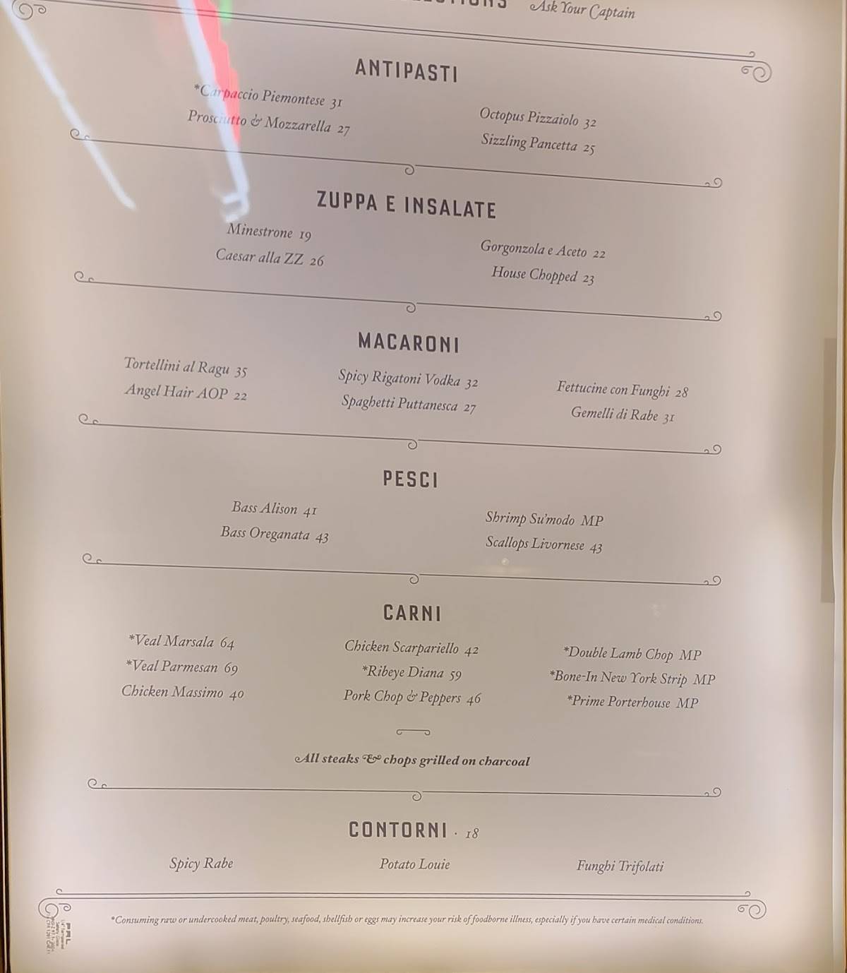 Menu at Carbone restaurant, Las Vegas, 3730 Las Vegas Fwy