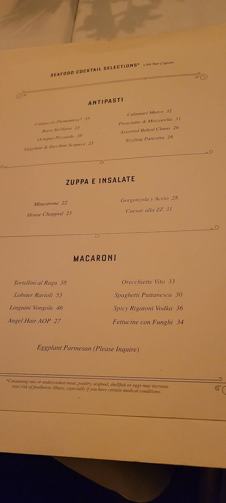 Menu at Carbone restaurant, Las Vegas, 3730 Las Vegas Fwy