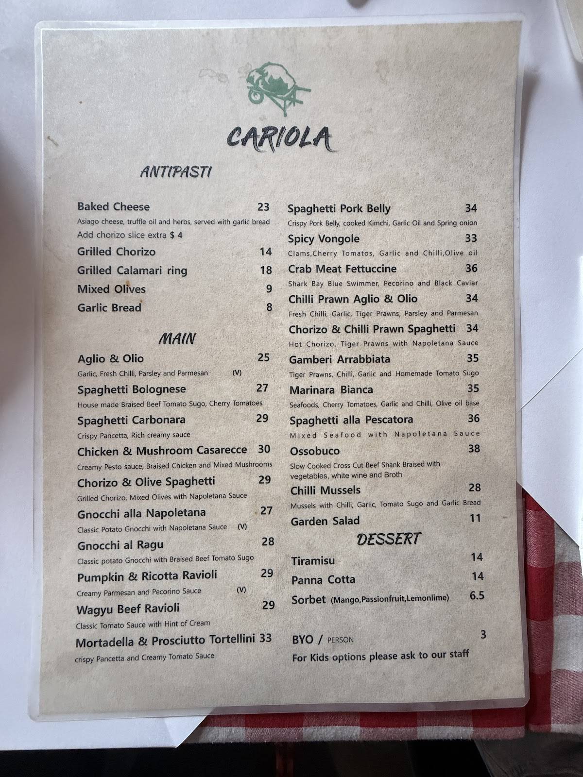 Menu at Cariola restaurant, North Perth