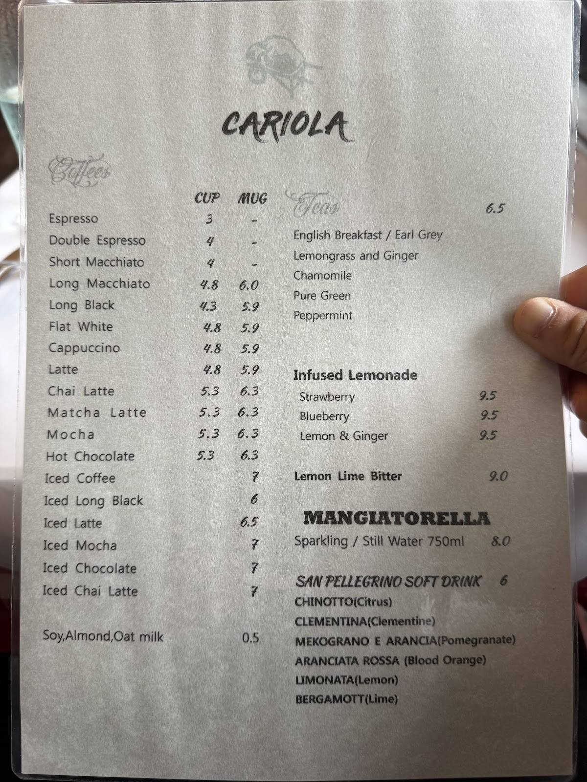 Menu at Cariola restaurant, North Perth