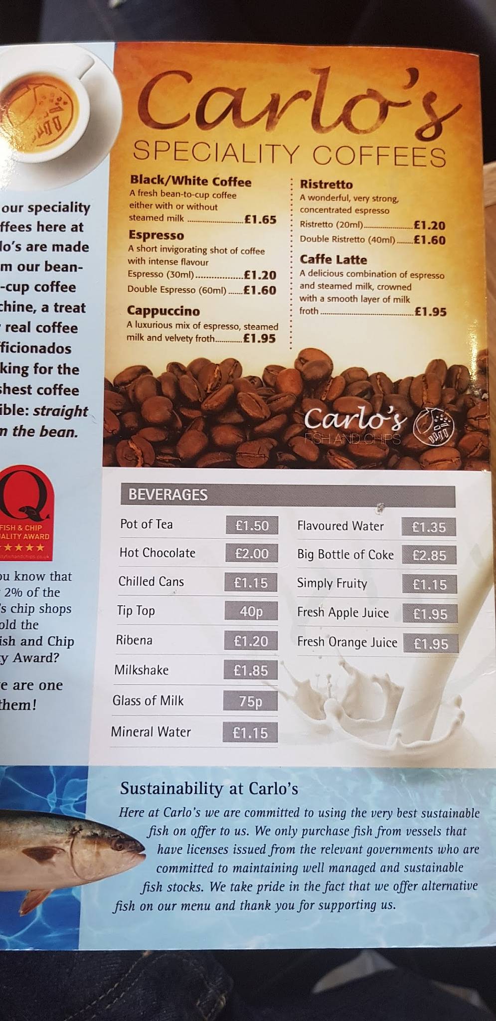 Menu at Carlo's restaurant, Alnwick