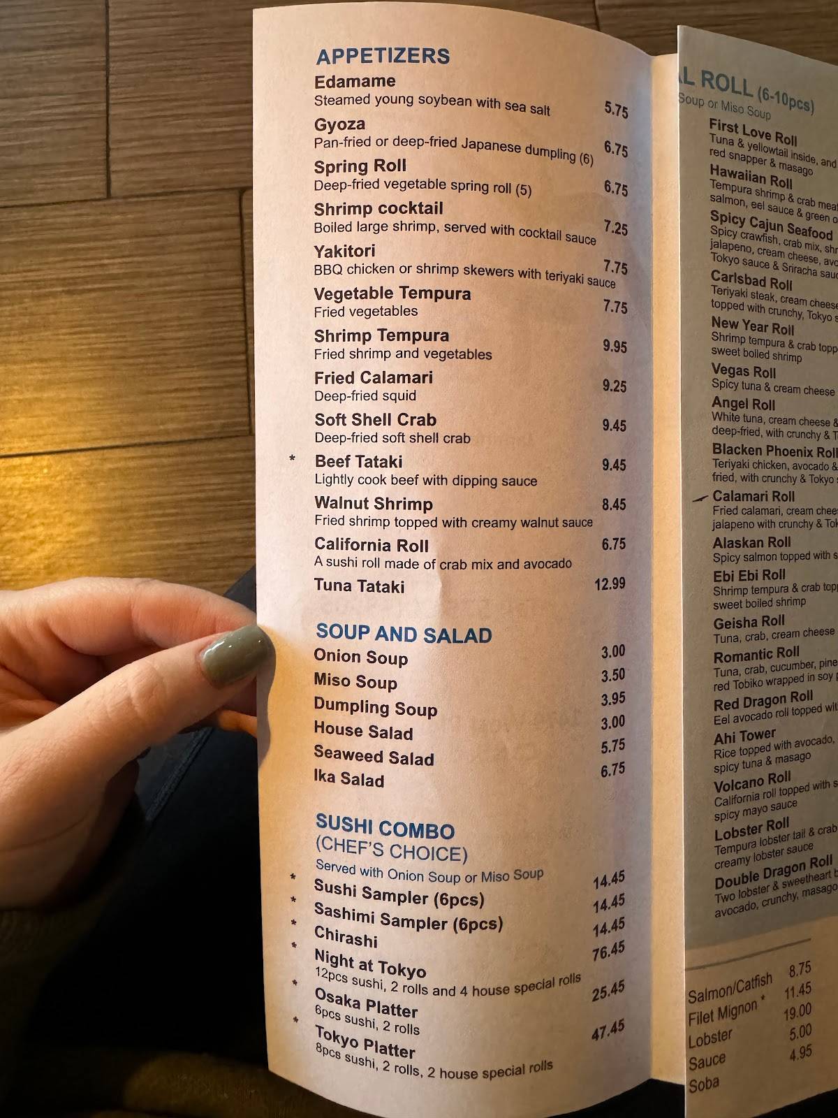 Menu at Tokyo restaurant, Carlsbad