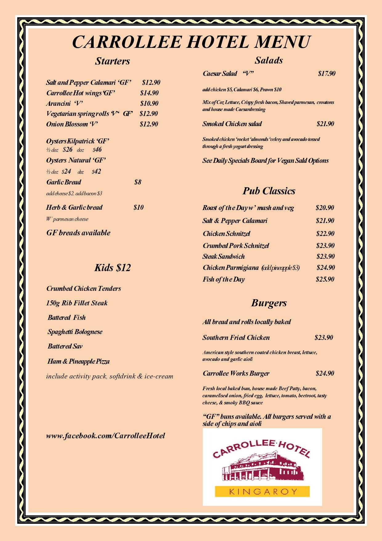 Menu at Carrollee Hotel pub & bar, Kingaroy, Haly street
