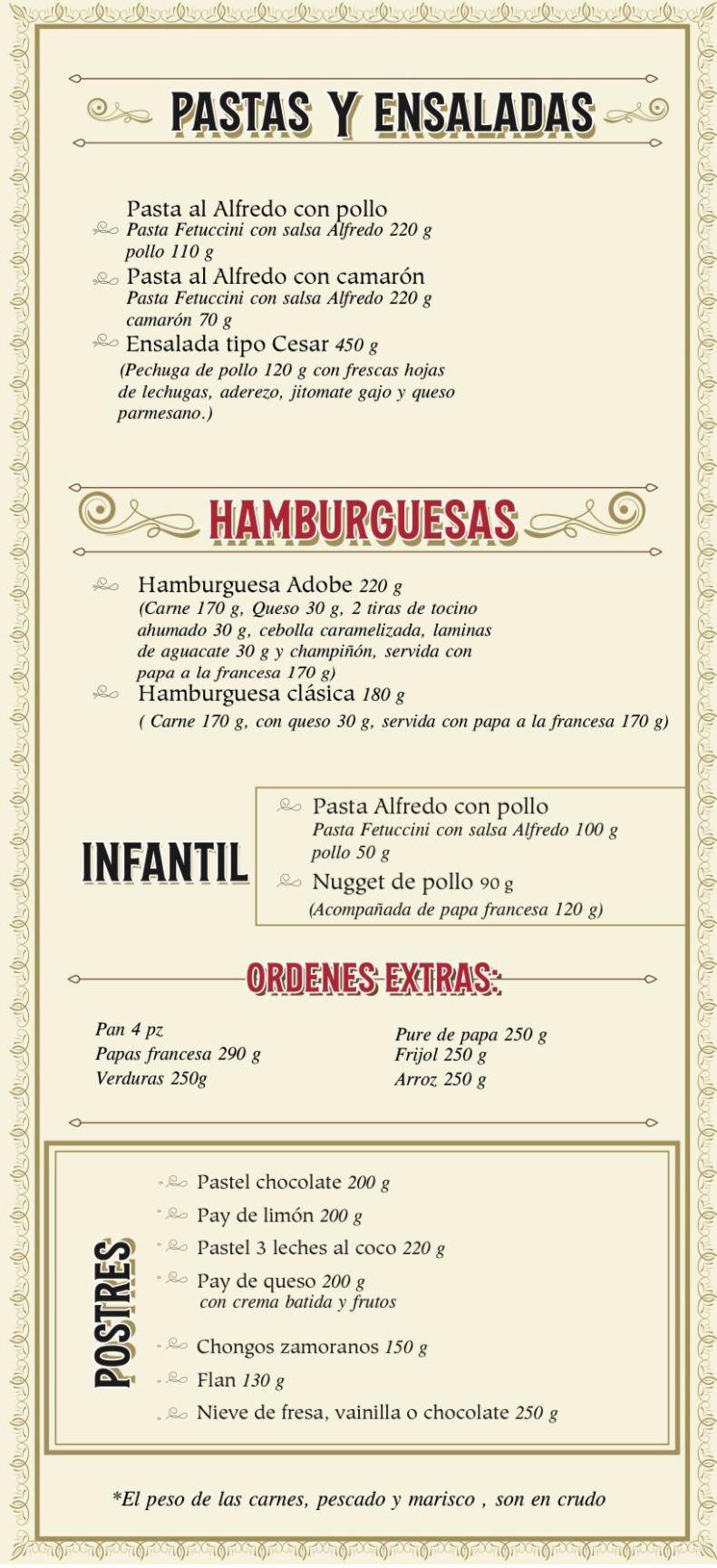 Carta del restaurante Casa Adobe, Ocotlán