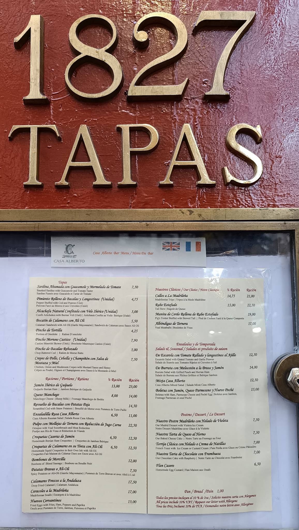 Carta del restaurante Casa Alberto, Madrid, Calle del Las Huertas