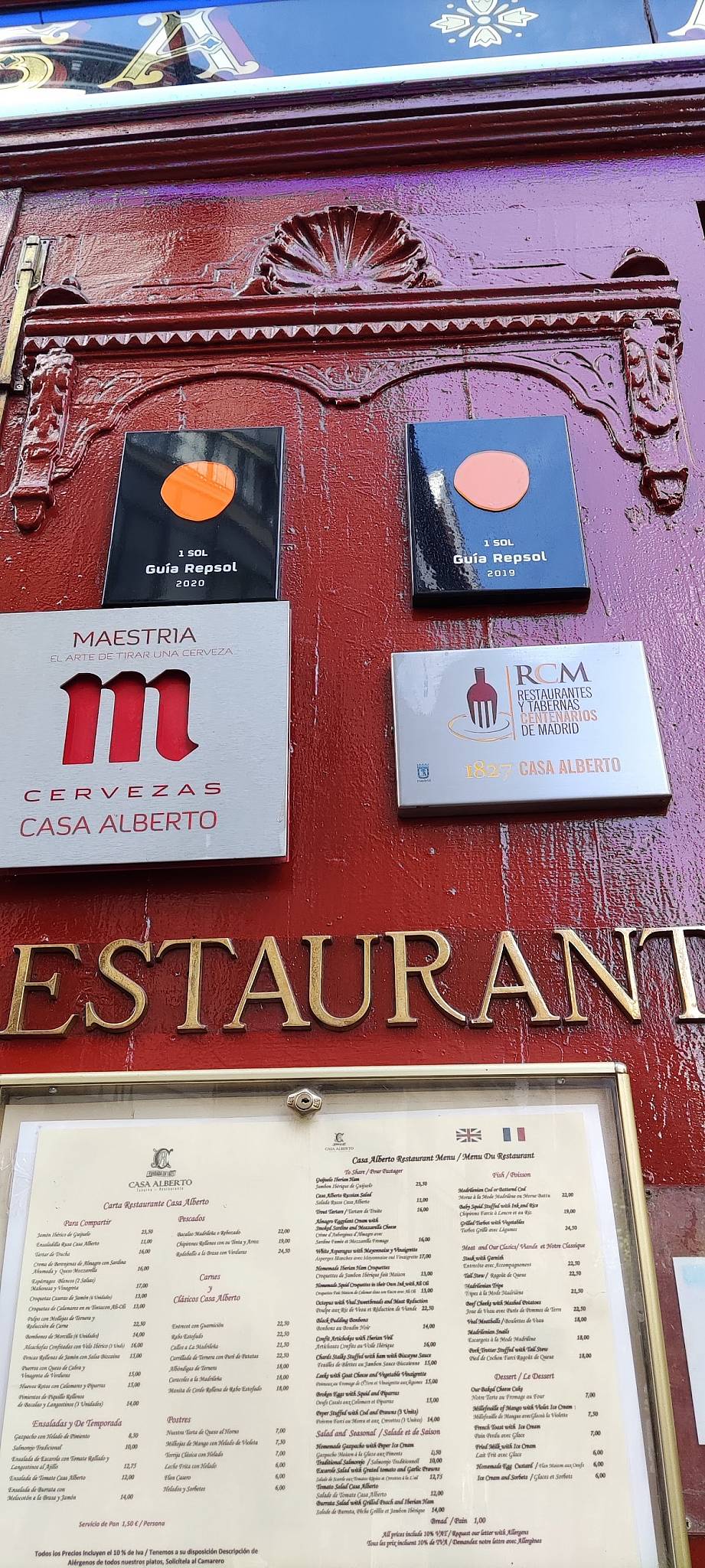 Carta del restaurante Casa Alberto, Madrid, Calle del Las Huertas