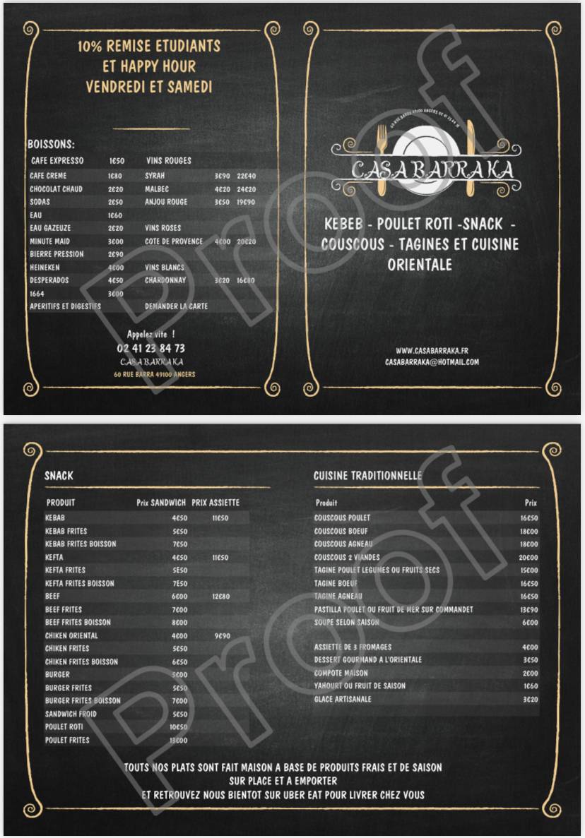 Menu au Casa Barra Ka, Angers