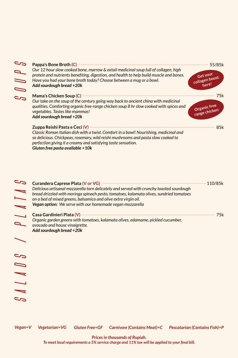 Carta del restaurante Casa Curandera Bali, Ubud