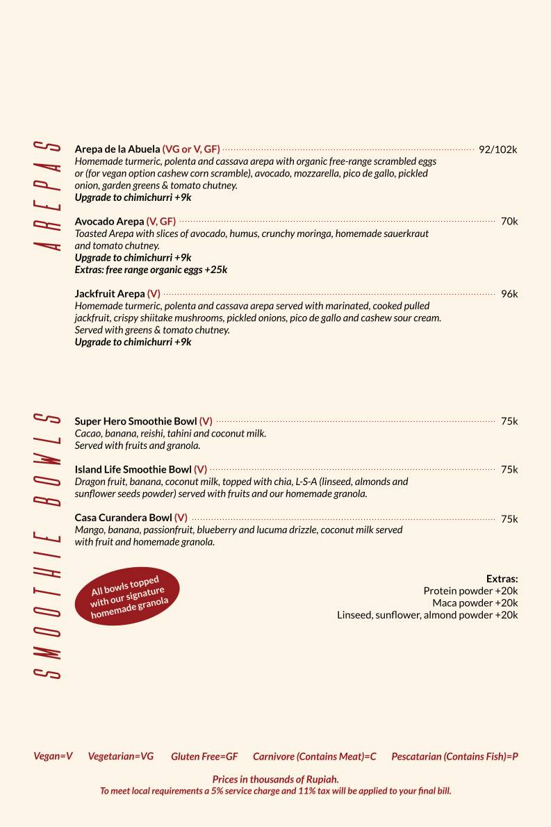 Carta del restaurante Casa Curandera Bali, Ubud