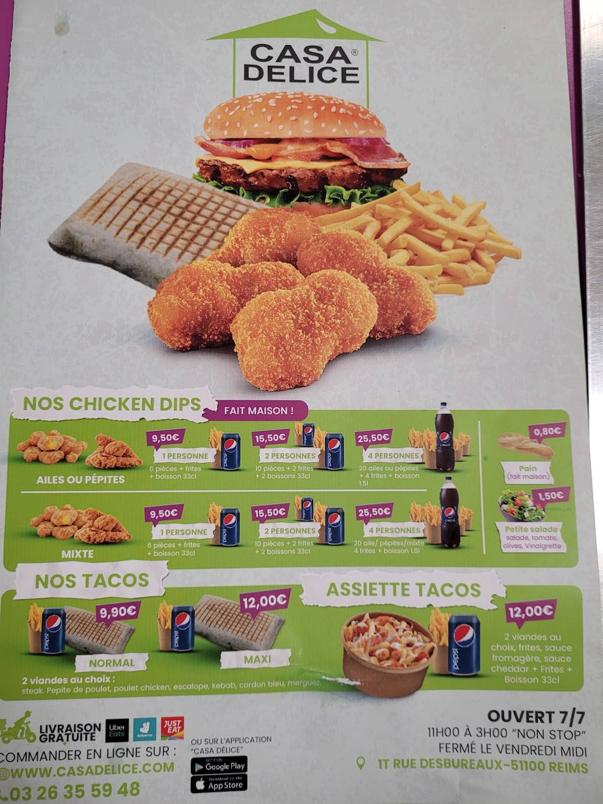 Menu au Casa Délice restaurant, Reims, 1T Rue Desbureaux