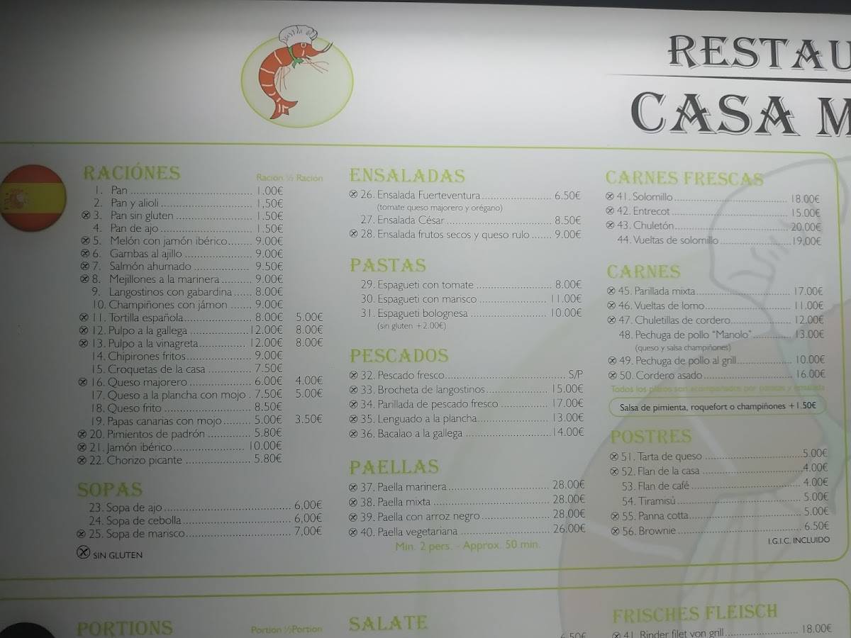 Menu at Casa Manolo restaurant, Corralejo