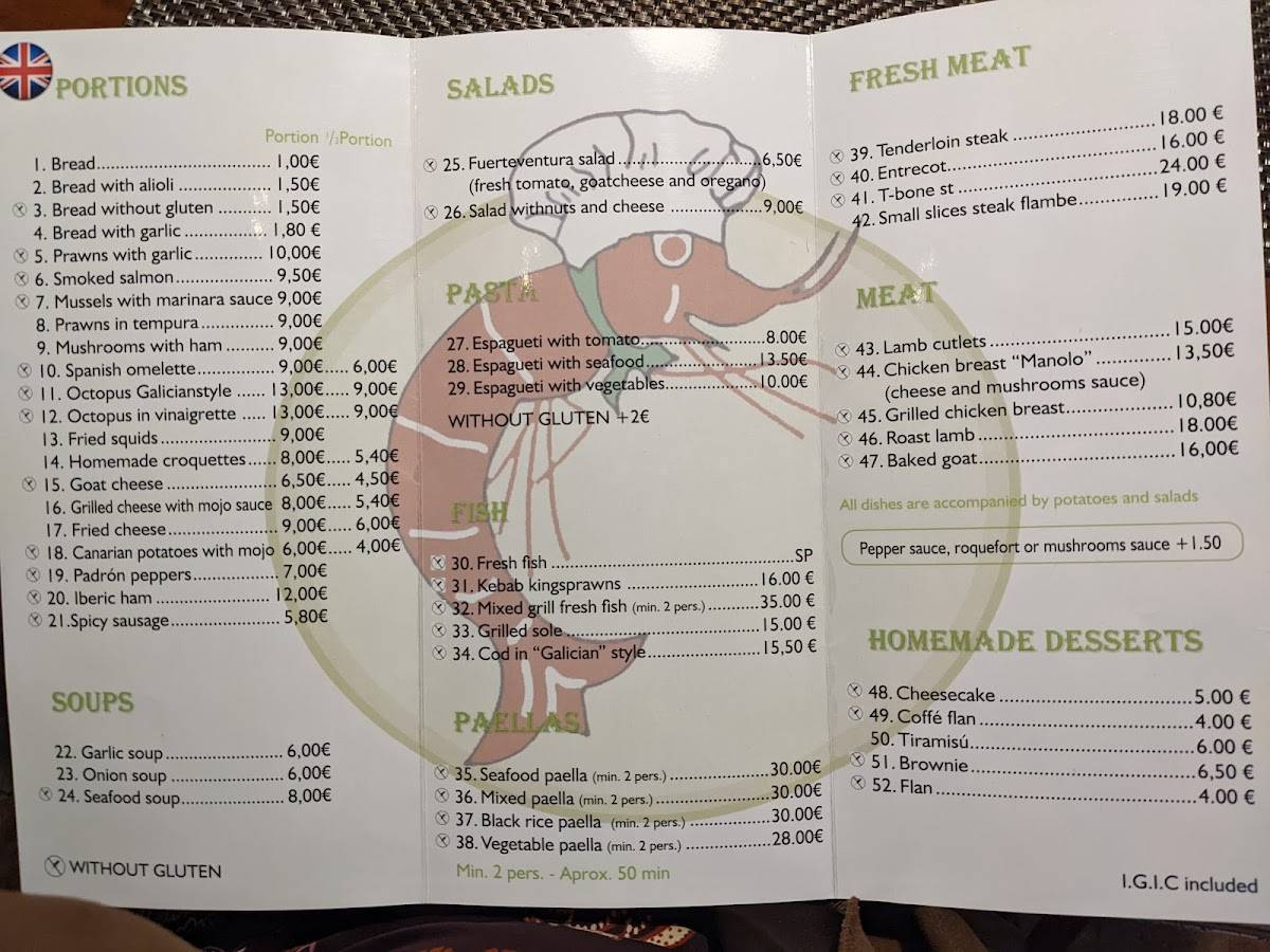 Menu at Casa Manolo restaurant, Corralejo