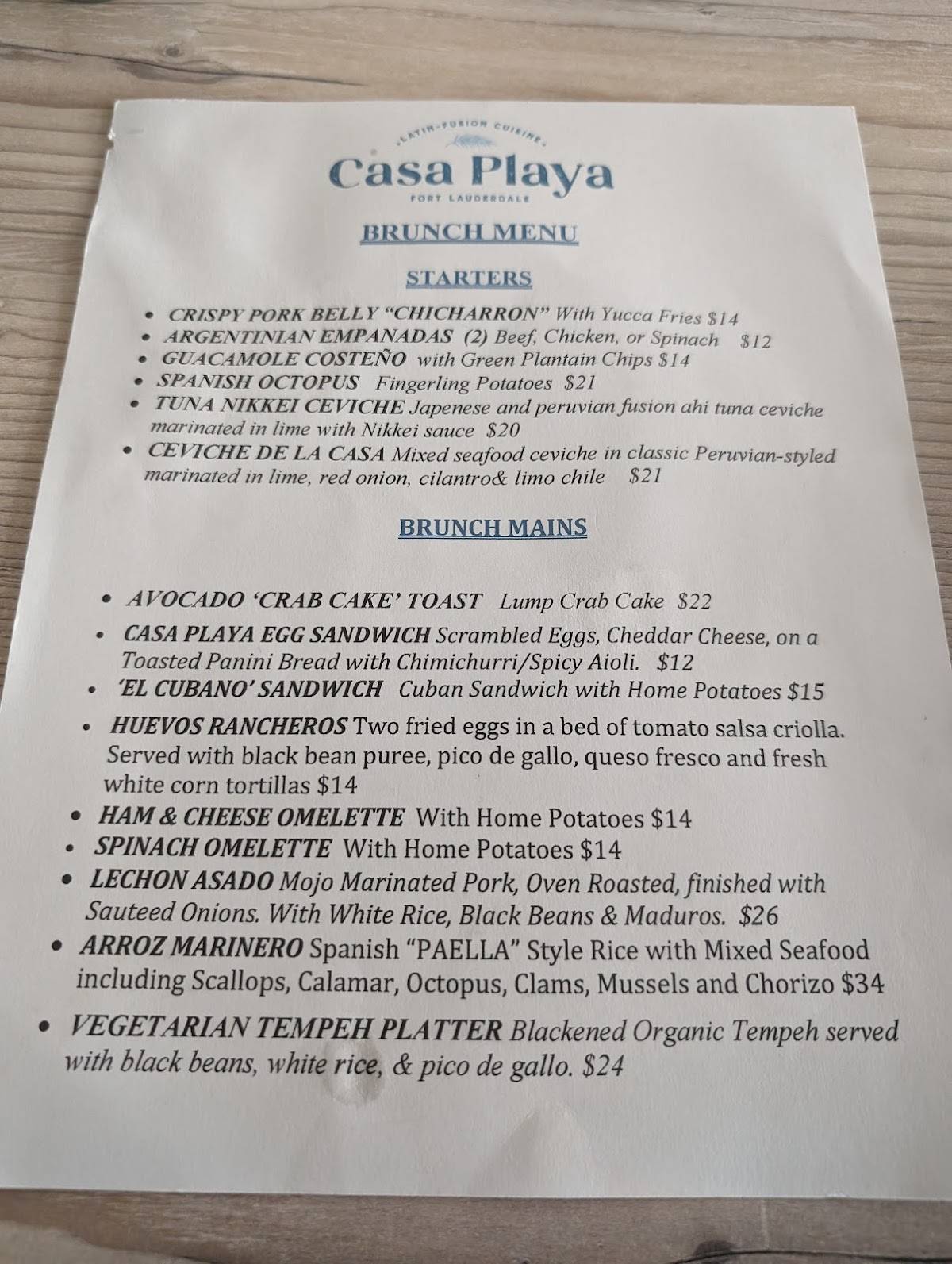 Menu at Casa Playa pub & bar, Fort Lauderdale